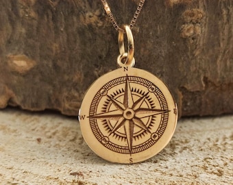 14k Solid Gold Compass Necklace, Gold Compass Pendant, 14k Sailor ...
