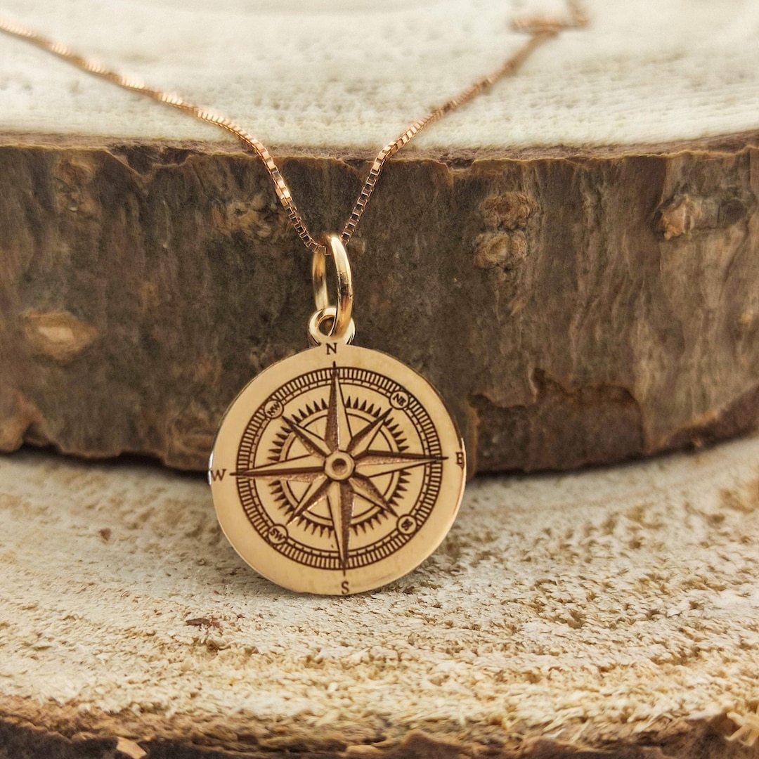 14k Solid Gold Compass Pendant, Gold Compass Necklace, Wind Rose ...