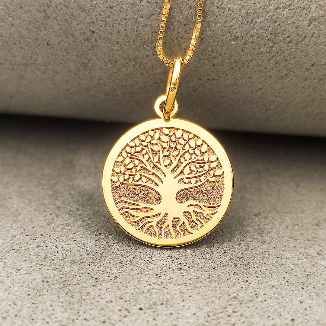 14k Solid Gold Baum des Lebens Anhänger, Baum des Lebens Halskette, Gelbgold spiritueller ...