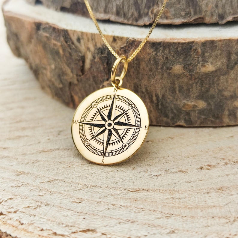 14k Solid Gold Compass Necklace, Gold Compass Pendant, 14k Sailor ...