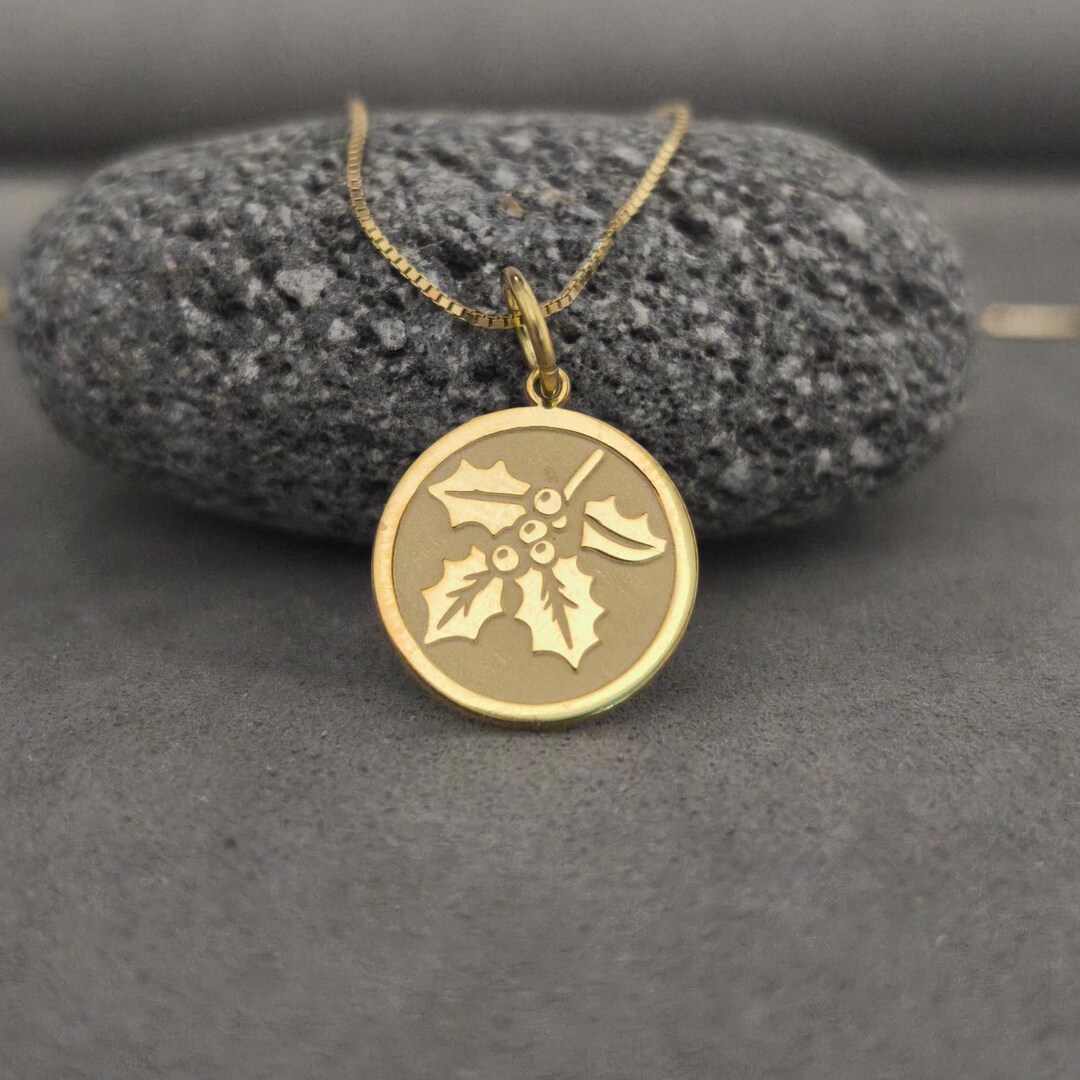 14k Solid Gold Mistletoe Pendant, Christmas Necklace, Love and Luck ...