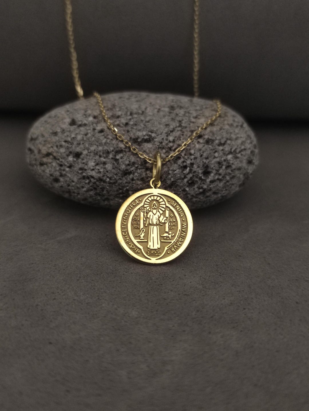 14K Solid Gold Religious Medal Saint Benedict Charm - Spiritual ...