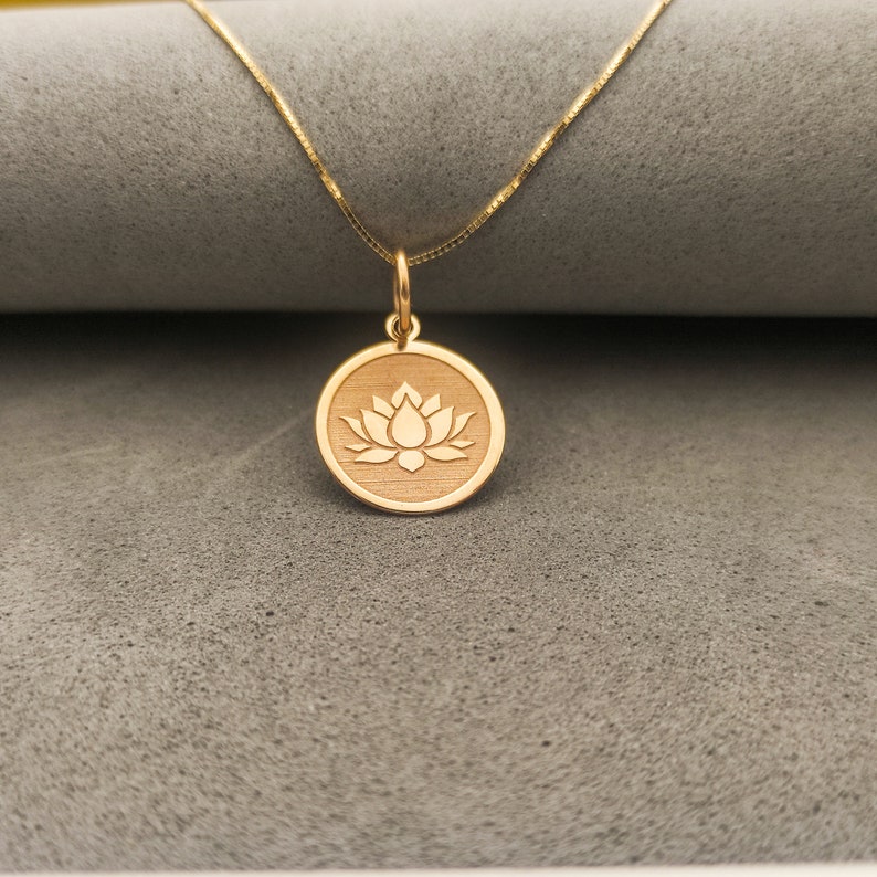 14k Solid Gold Lotus Pendant, Gold Flower Charm, Solid Disc Necklace ...