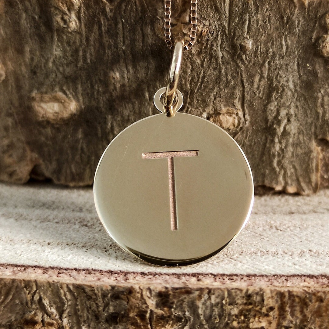 Gold Initial T Pendant, Gold Initial Necklace Disc, Gold Letter Pendant ...
