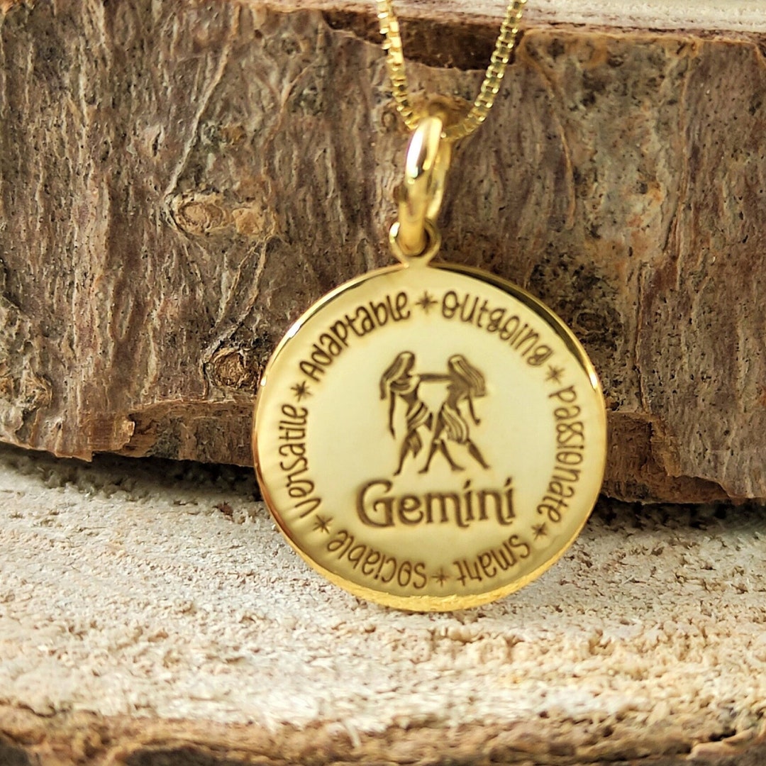 14K Solid Gold Gemini Pendant, Personalized Gemini Pendant, Gold Zodiac ...