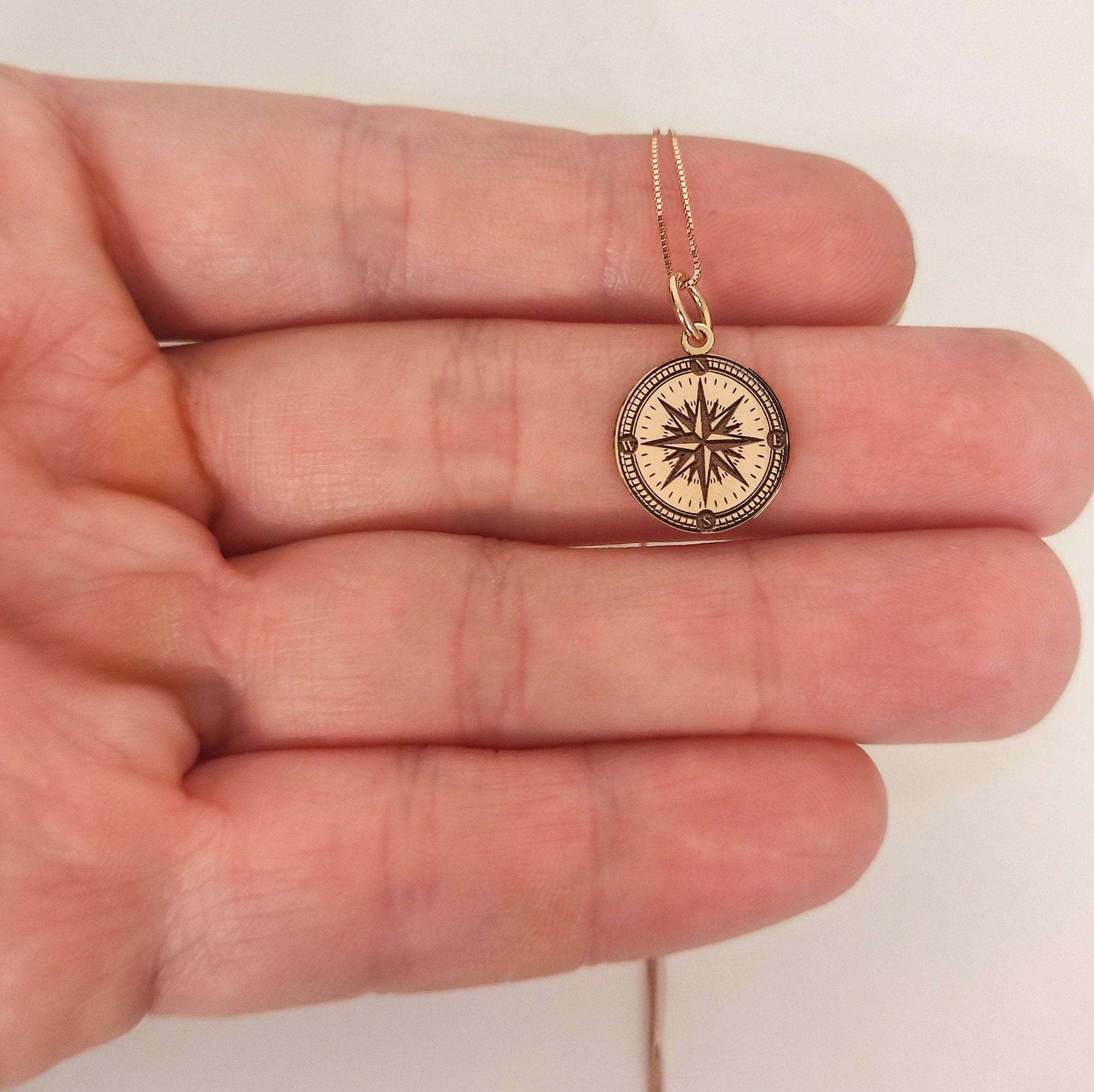 14k Solid Gold Compass Necklace, Gold Compass Pendant, 14k Sailor ...