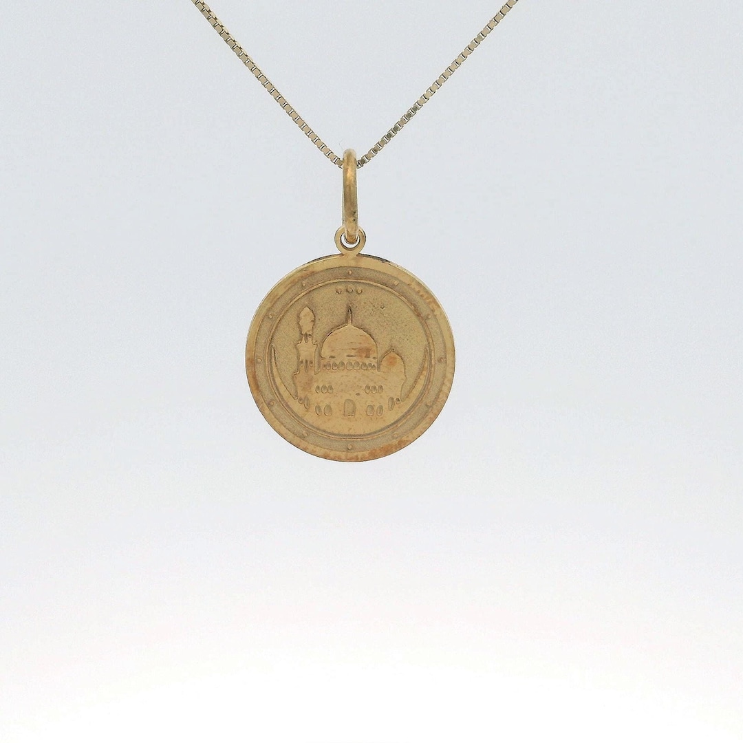 14K Solid Gold Crescent Moon and Kaaba Pendant - Islamic Faith Necklace ...