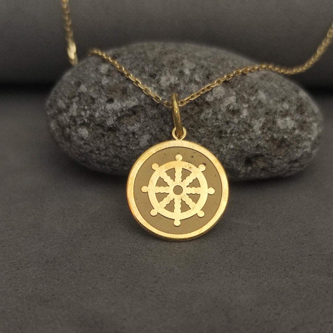 14k Solid Gold Dharma Chakra Necklace, Personalized Dharma Wheel ...