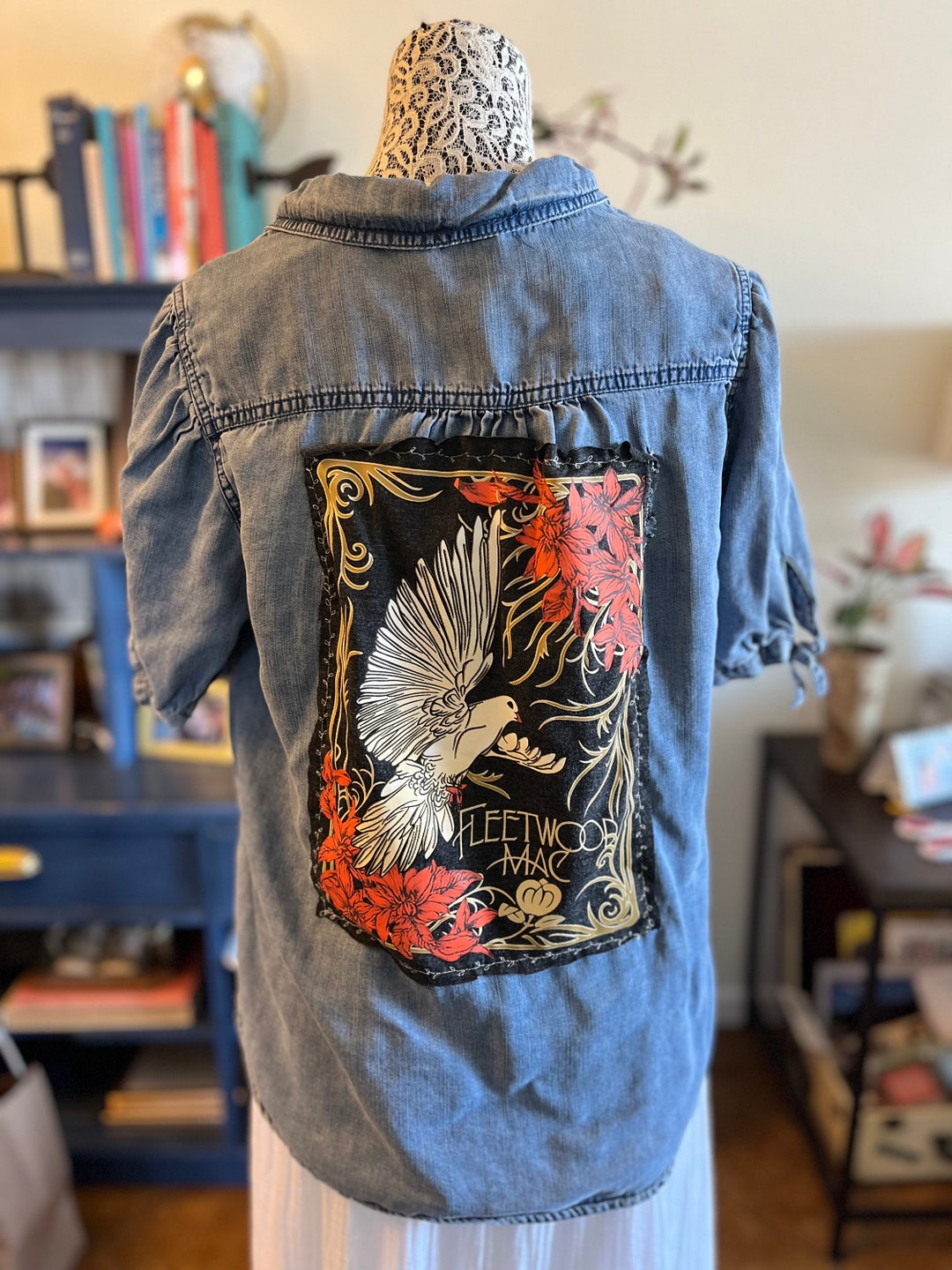 Upcycled Denim Shirt Fleetwood Mac Stevie Nicks White Winged Dove ...