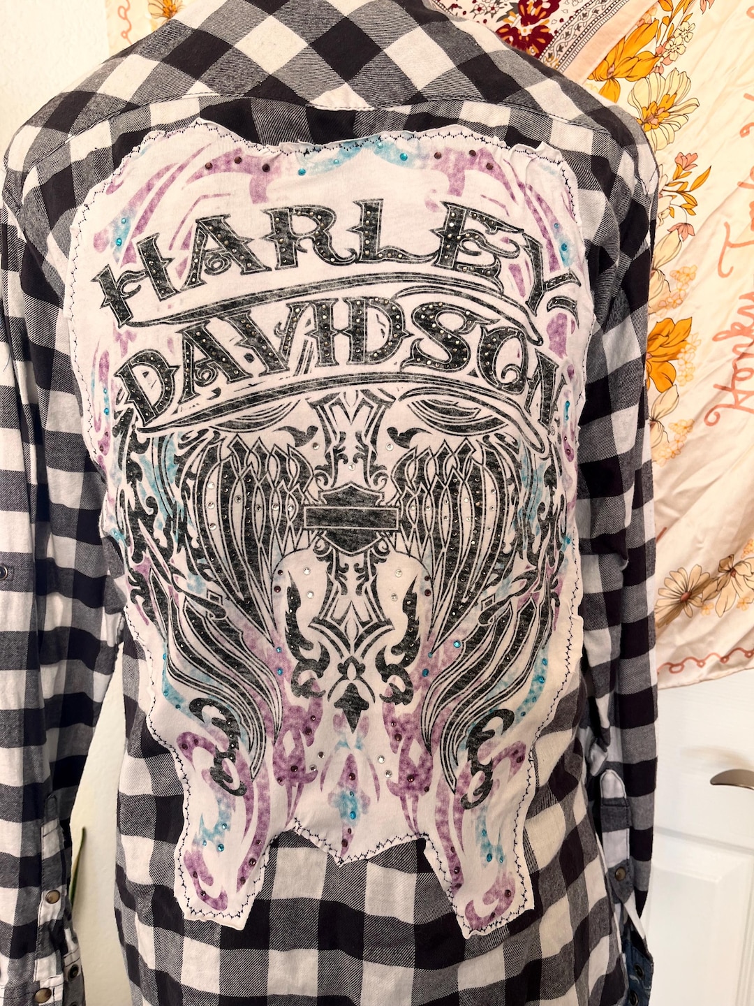 Upcycled Harley Davidson Angel Wings Black and White Flannel, Womens ...