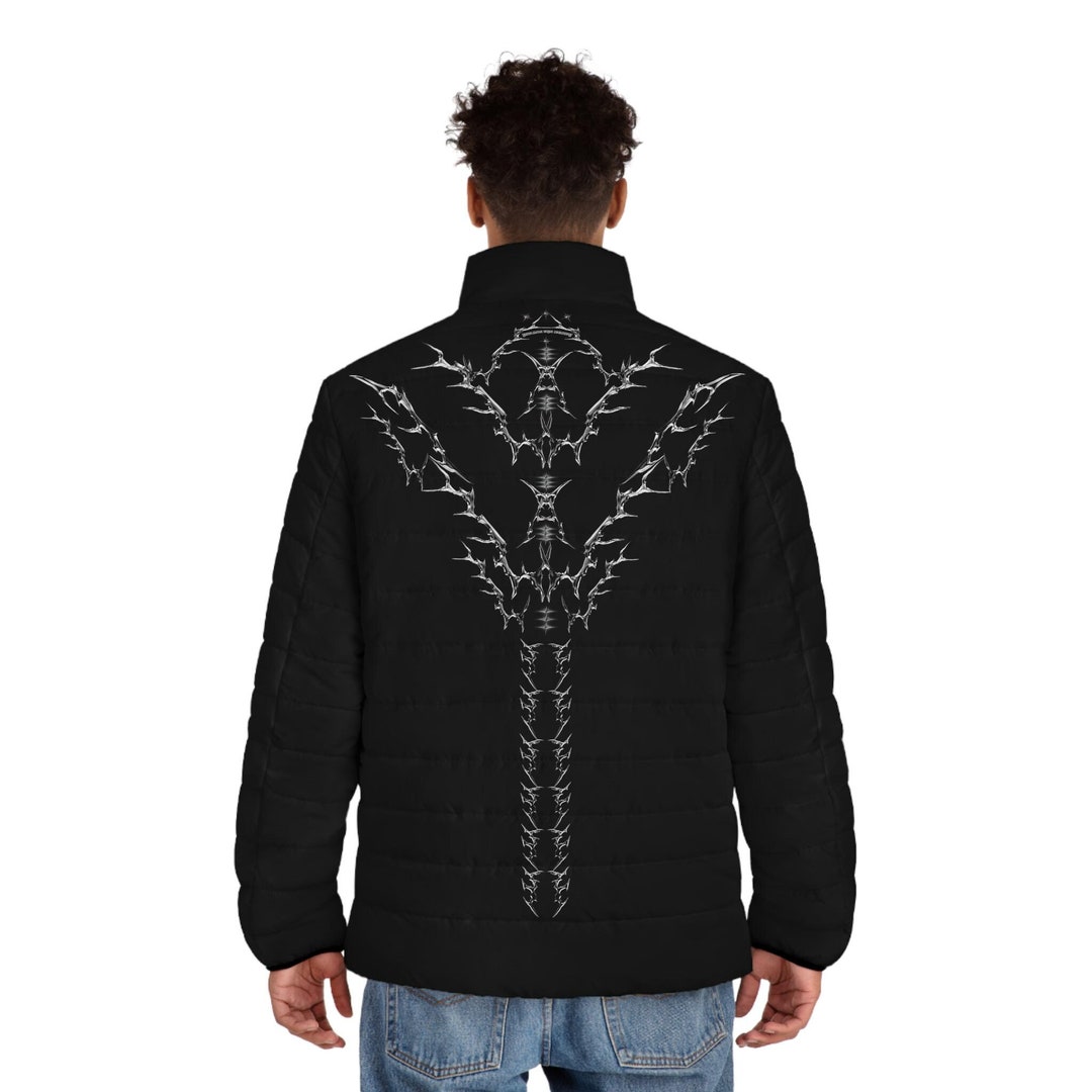 Metallic Sigil Puffer Jacket | Black Metallic Cyberpunk Winter Coat Men ...
