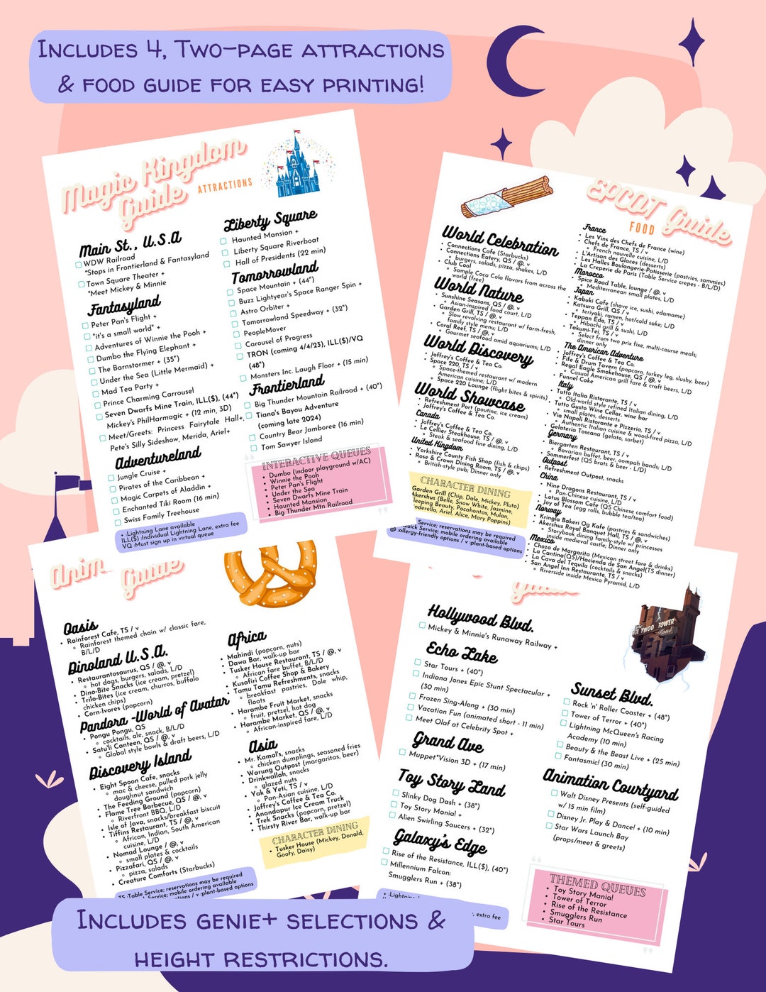 Printable WDW Parks Attractions & Food Guide 2024 all 4 Magic Kingdom ...