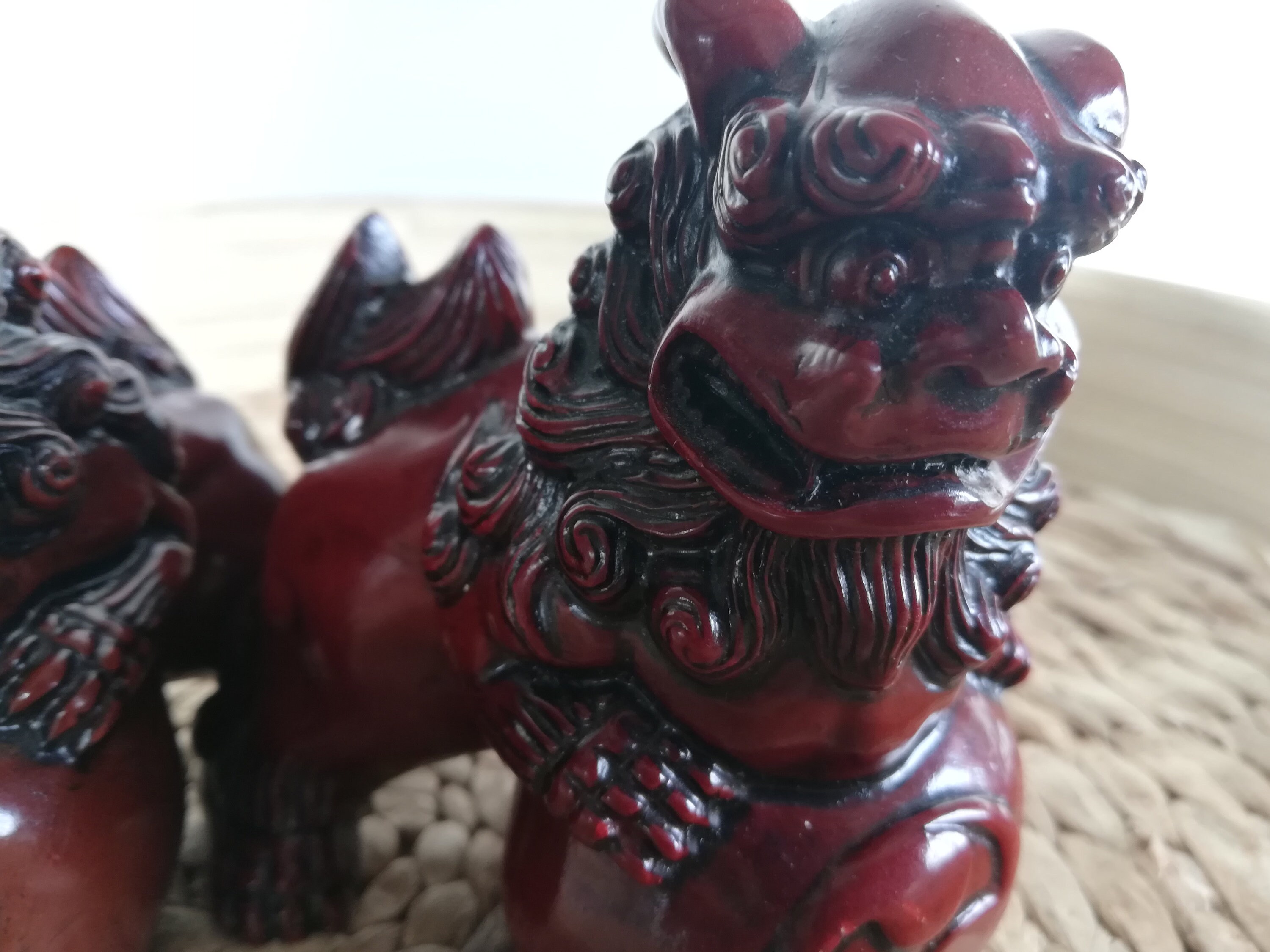 Pair of Foo Lion Statues in Red Resin, Foo Dog, Foo Dog, Chinese ...