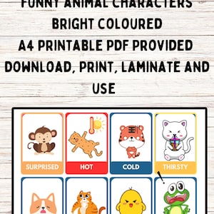 Preschool Emotions Flash Cards Printable, Feelings Flash Cards, Animal ...