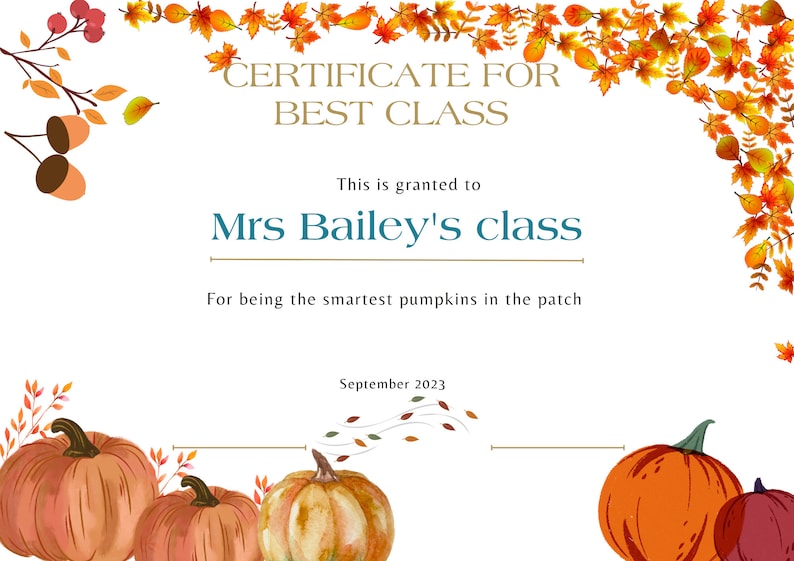 Pumpkin Patch Teacher Certificate Template: Fall Classroom Award ...