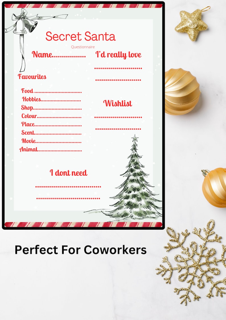 Secret Santa Questionnaire for Coworkers, Printable Secret Santa ...