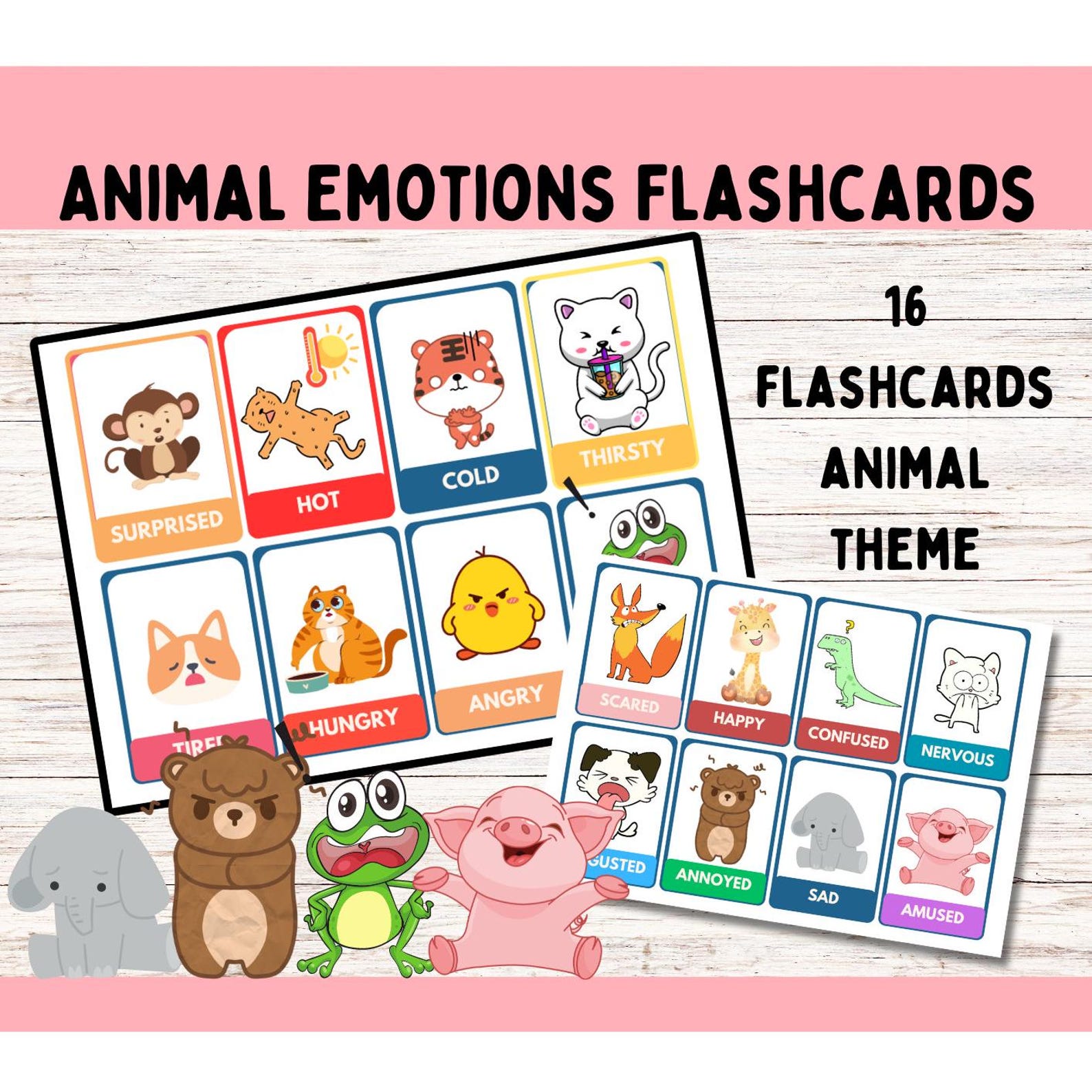 Preschool Emotions Flash Cards Printable, Feelings Flash Cards, Animal ...