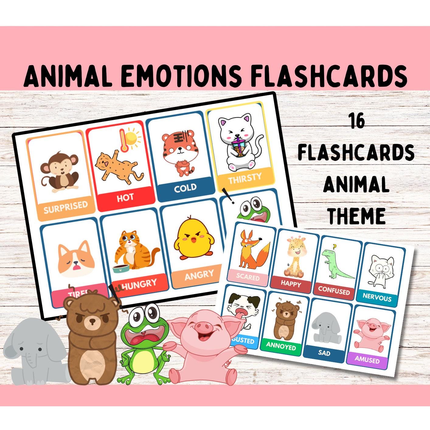 Preschool Emotions Flash Cards Printable, Feelings Flash Cards, Animal ...