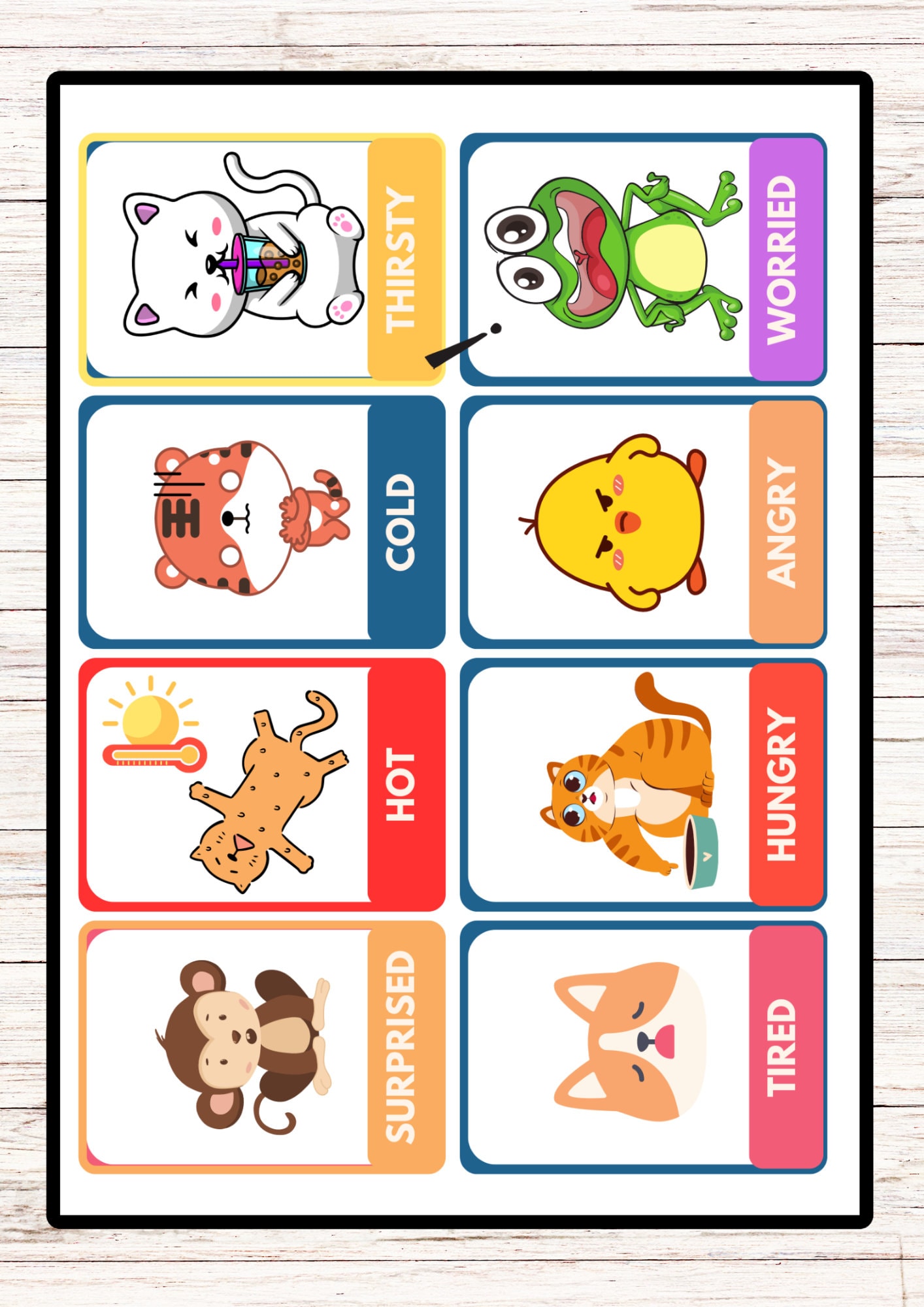 Preschool Emotions Flash Cards Printable, Feelings Flash Cards, Animal ...