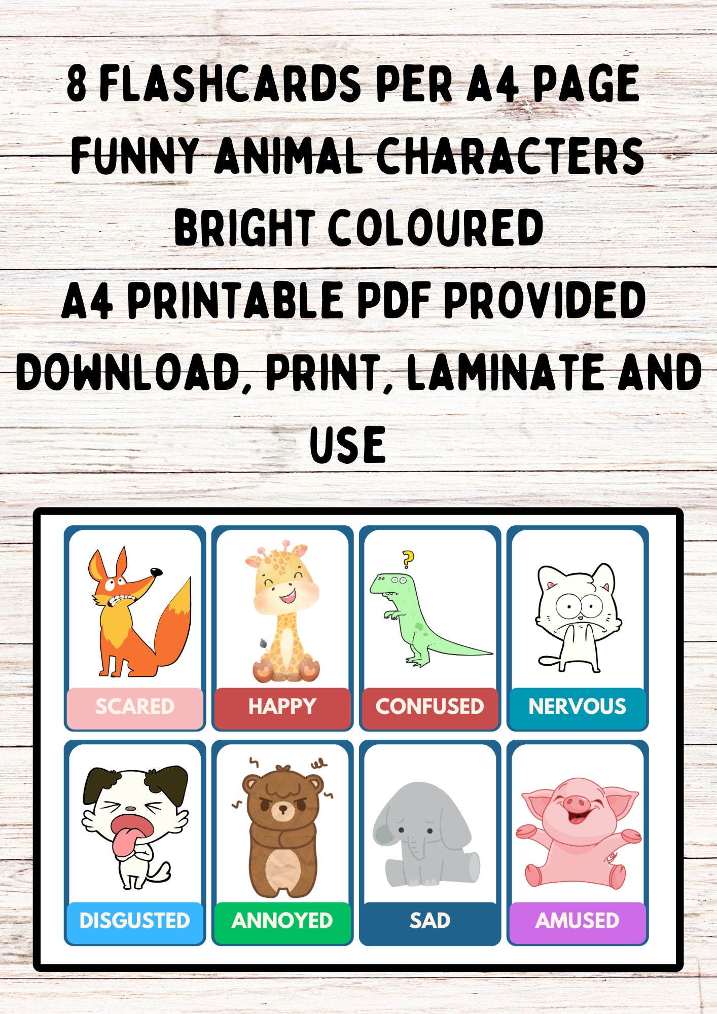 Preschool Emotions Flash Cards Printable, Feelings Flash Cards, Animal ...