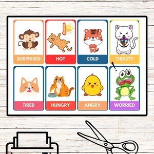 Preschool Emotions Flash Cards Printable, Feelings Flash Cards, Animal ...