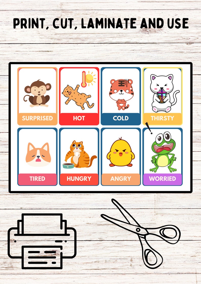 Preschool Emotions Flash Cards Printable, Feelings Flash Cards, Animal ...