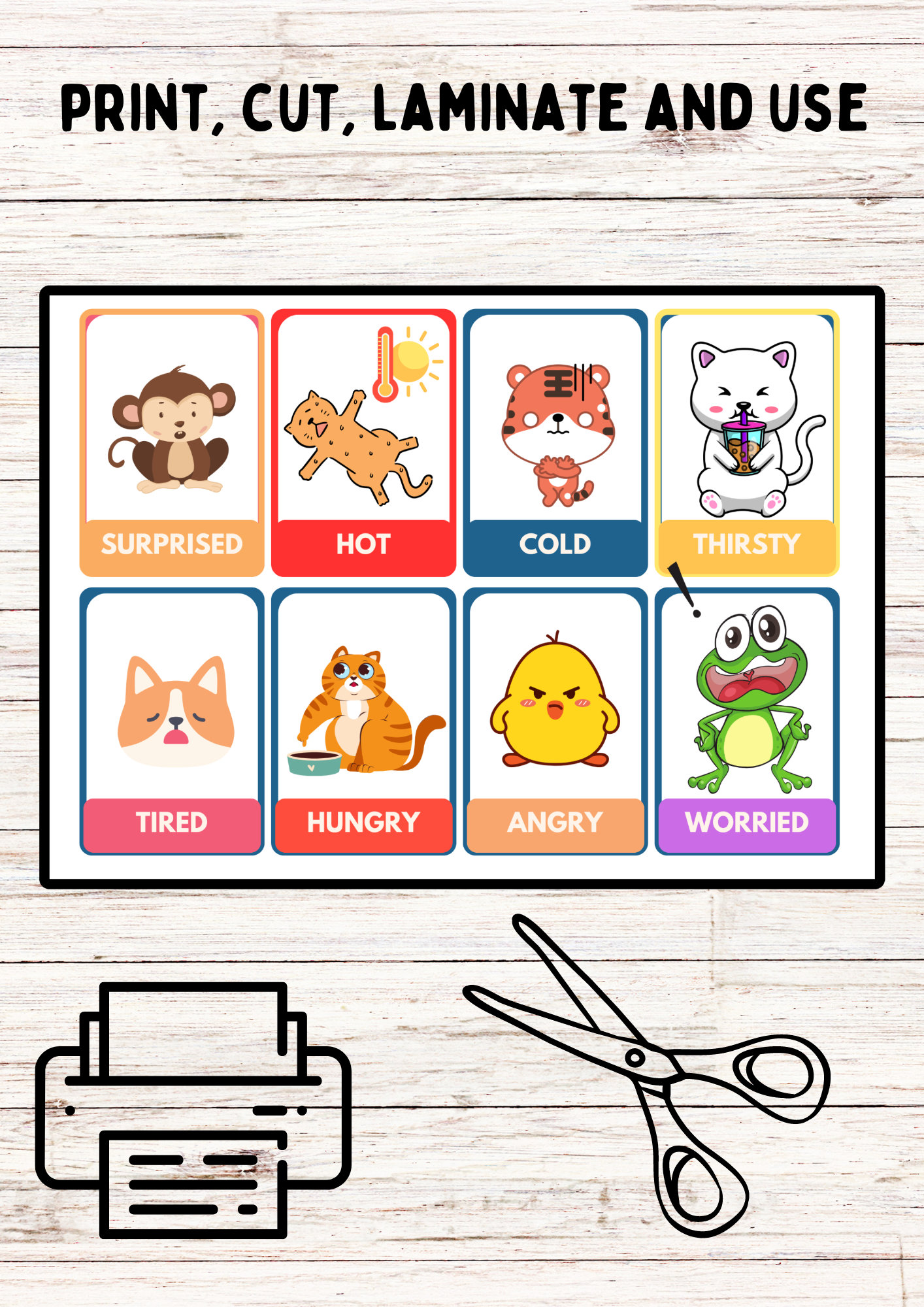 Preschool Emotions Flash Cards Printable, Feelings Flash Cards, Animal ...