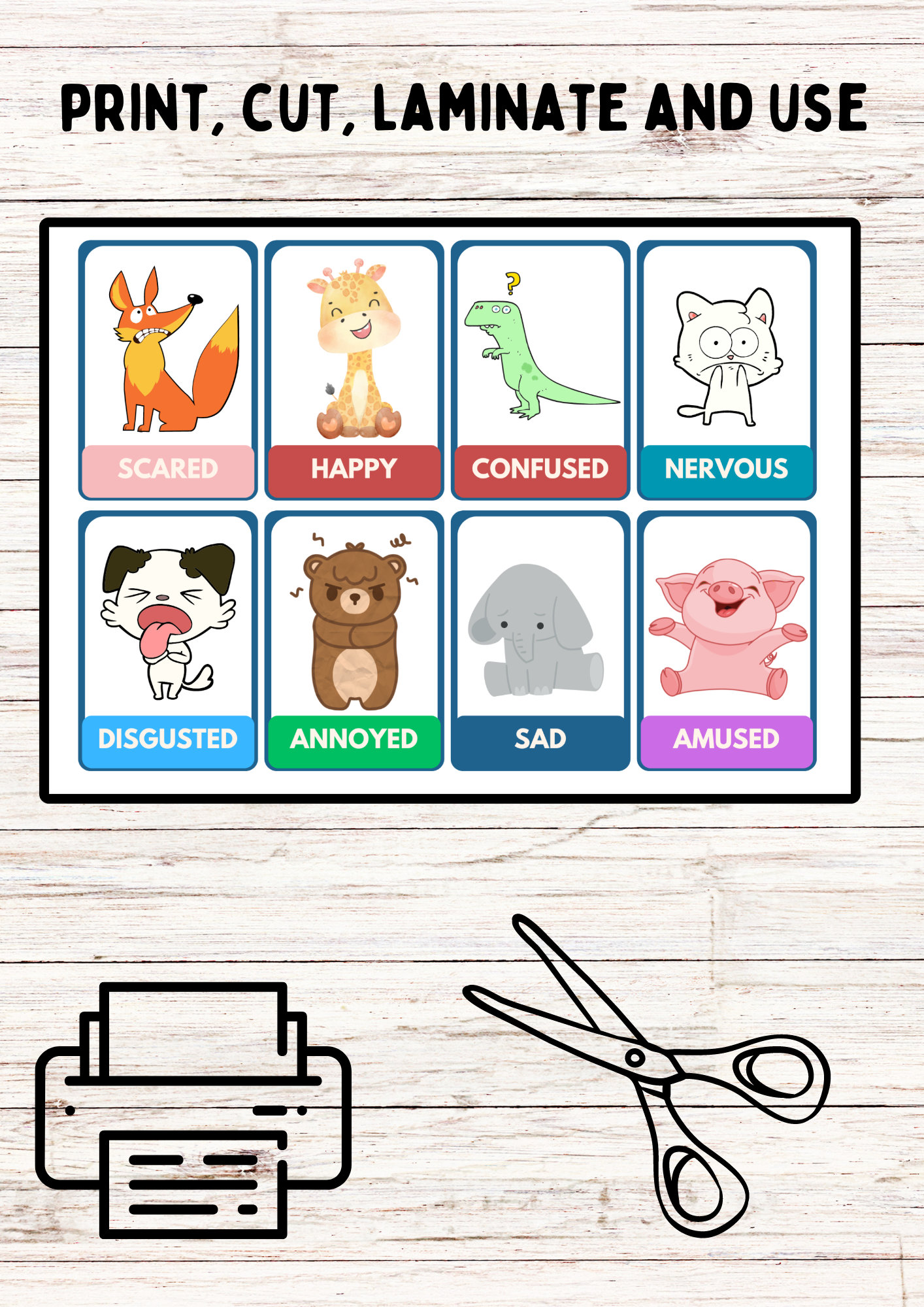 Preschool Emotions Flash Cards Printable, Feelings Flash Cards, Animal ...
