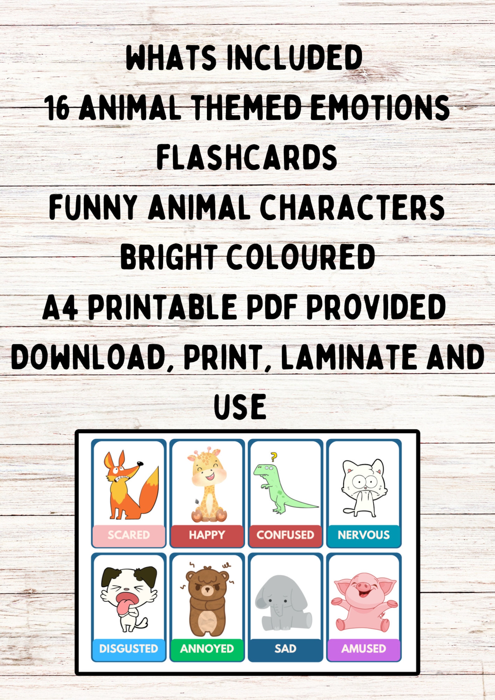 Preschool Emotions Flash Cards Printable, Feelings Flash Cards, Animal ...