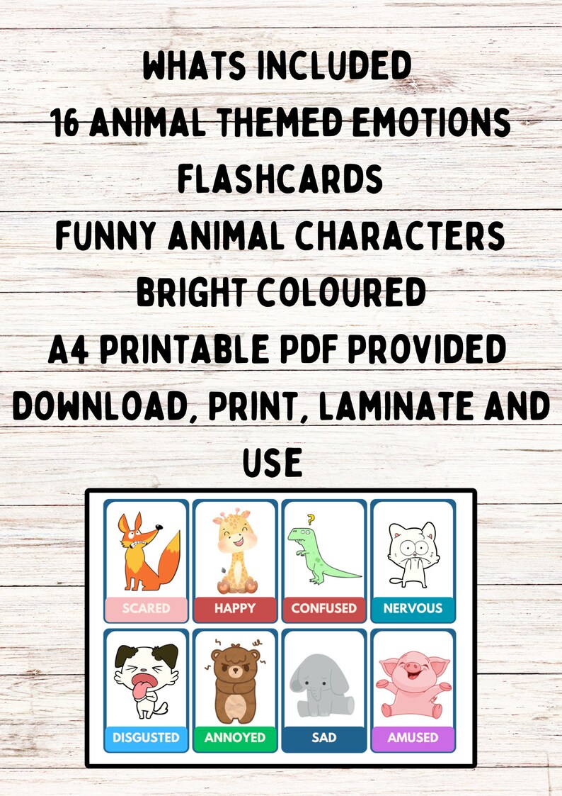 Preschool Emotions Flash Cards Printable, Feelings Flash Cards, Animal ...
