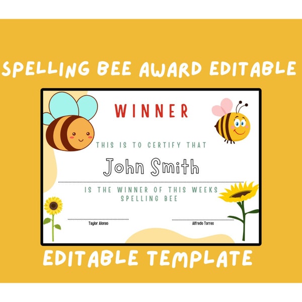 Spelling Bee Editable Certificate - Etsy