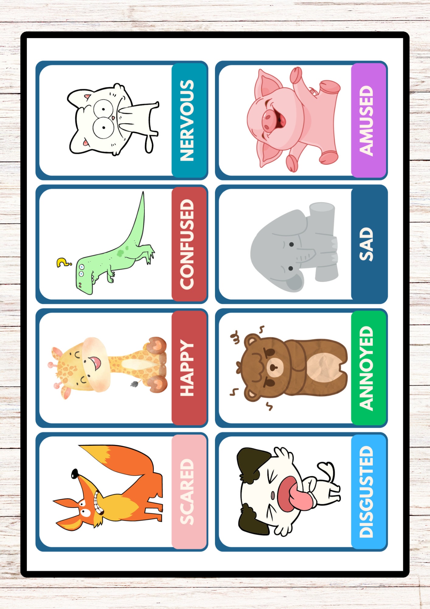 Preschool Emotions Flash Cards Printable, Feelings Flash Cards, Animal ...