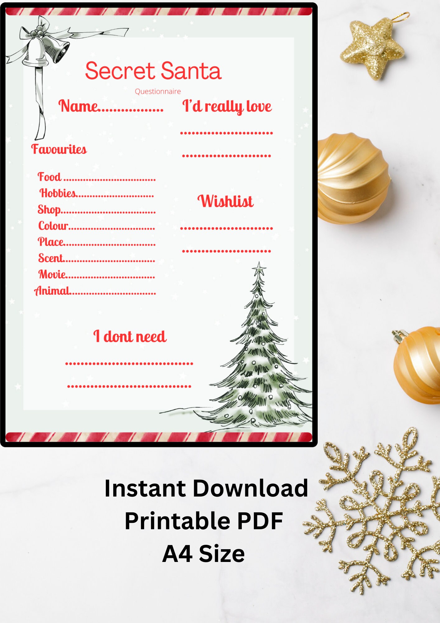 Secret Santa Questionnaire for Coworkers, Printable Secret Santa ...