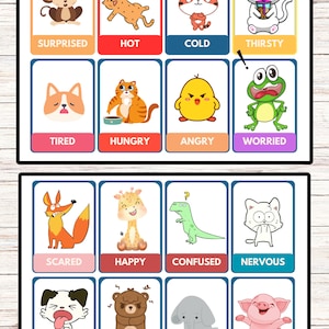 Preschool Emotions Flash Cards Printable, Feelings Flash Cards, Animal ...