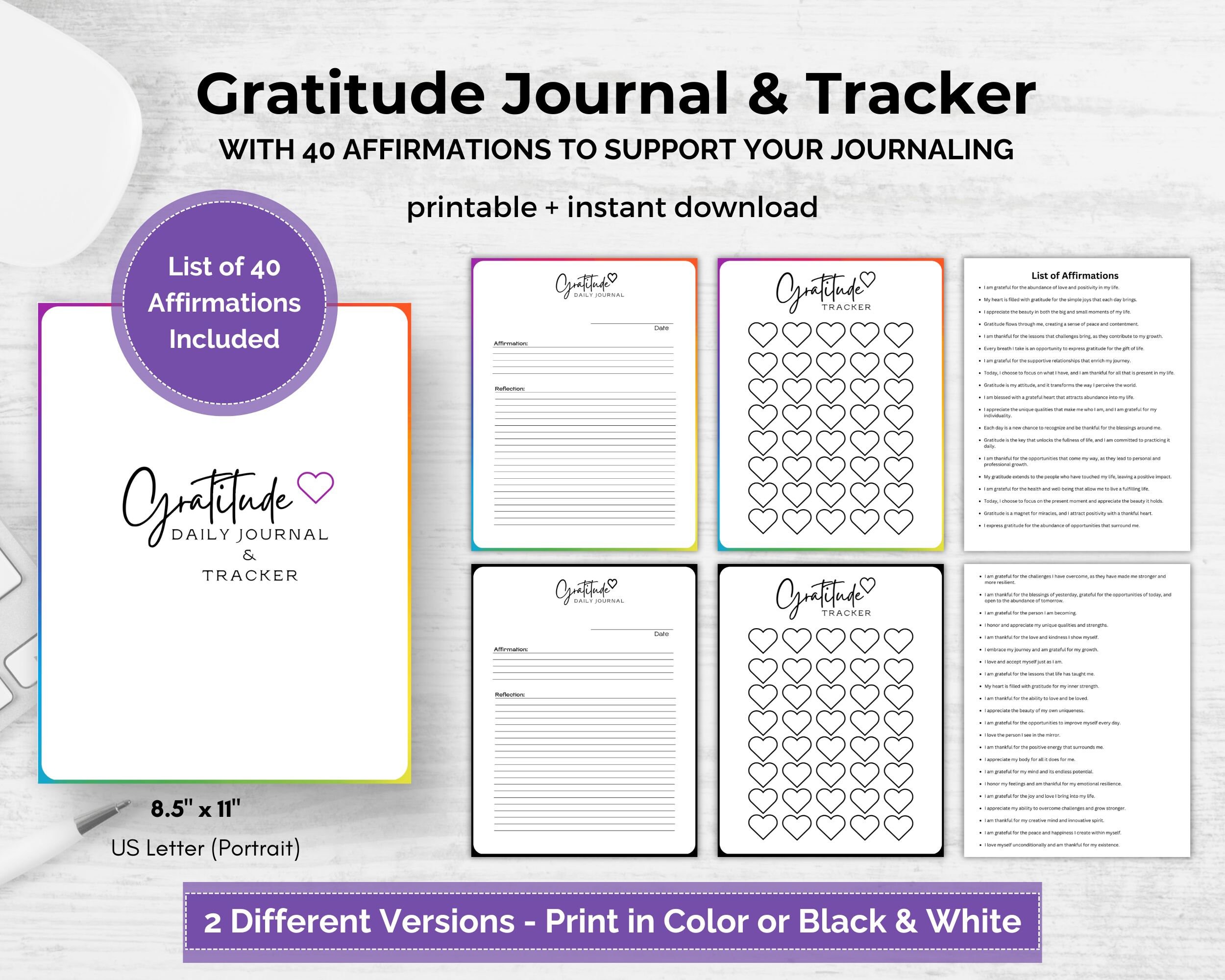 Printable Gratitude Journal Page With Daily Tracker Sheet & 40 ...