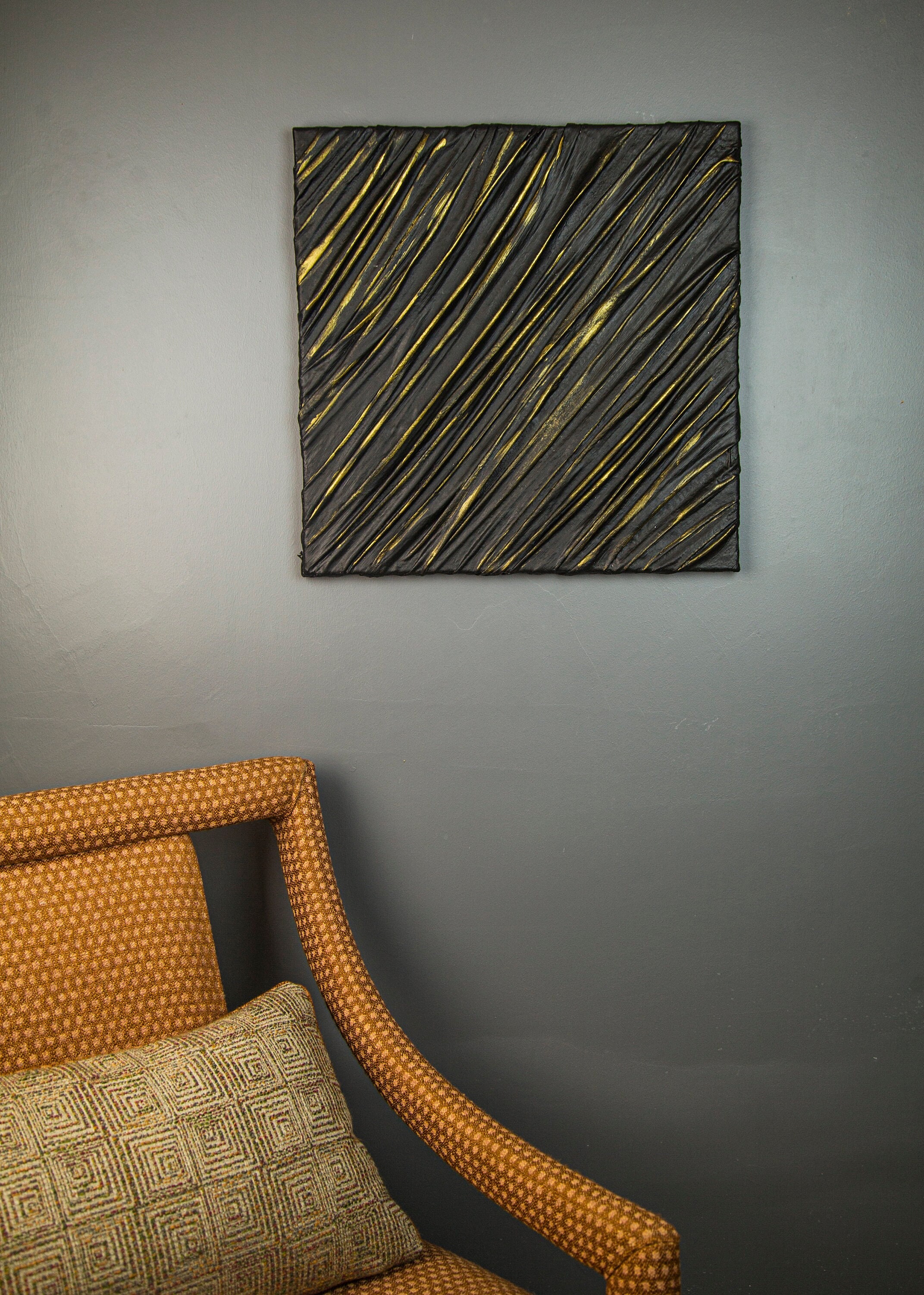 Draped Fabric Wall Art on Canvas Plastered Black Gold Metallic Abstract ...
