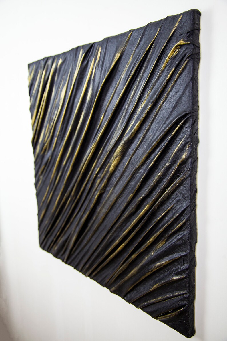 Draped Fabric Wall Art on Canvas Plastered Black Gold Metallic Abstract ...