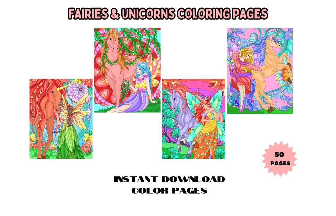 50 Fairy & Unicorn Coloring Pages, Printable Coloring Pages, Instant ...