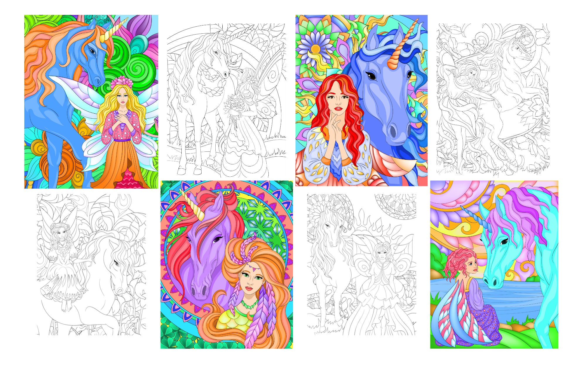 50 Fairy & Unicorn Coloring Pages, Printable Coloring Pages, Instant ...