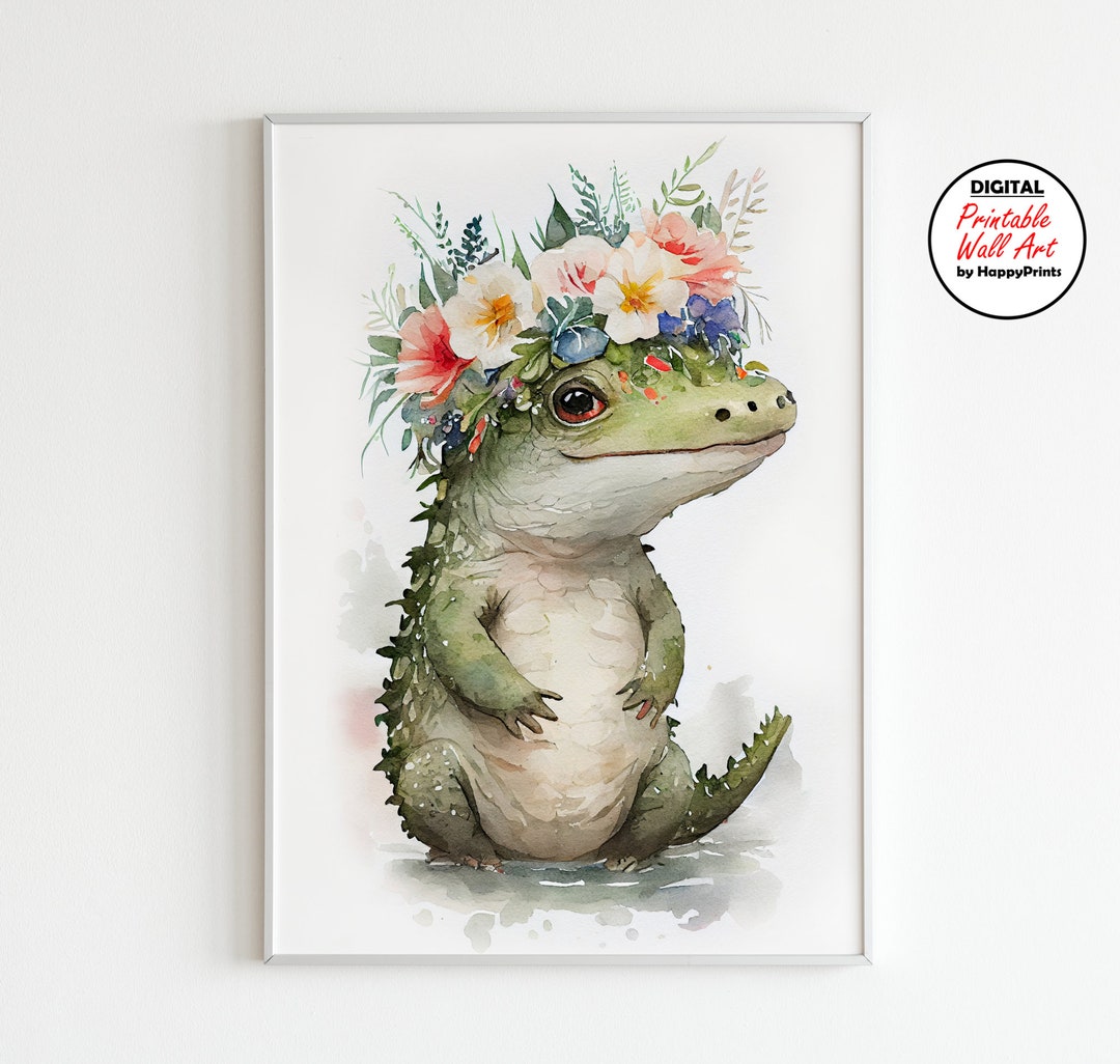 Watercolor Crocodile Nursery Print: Boho Floral Crown (digital Download ...