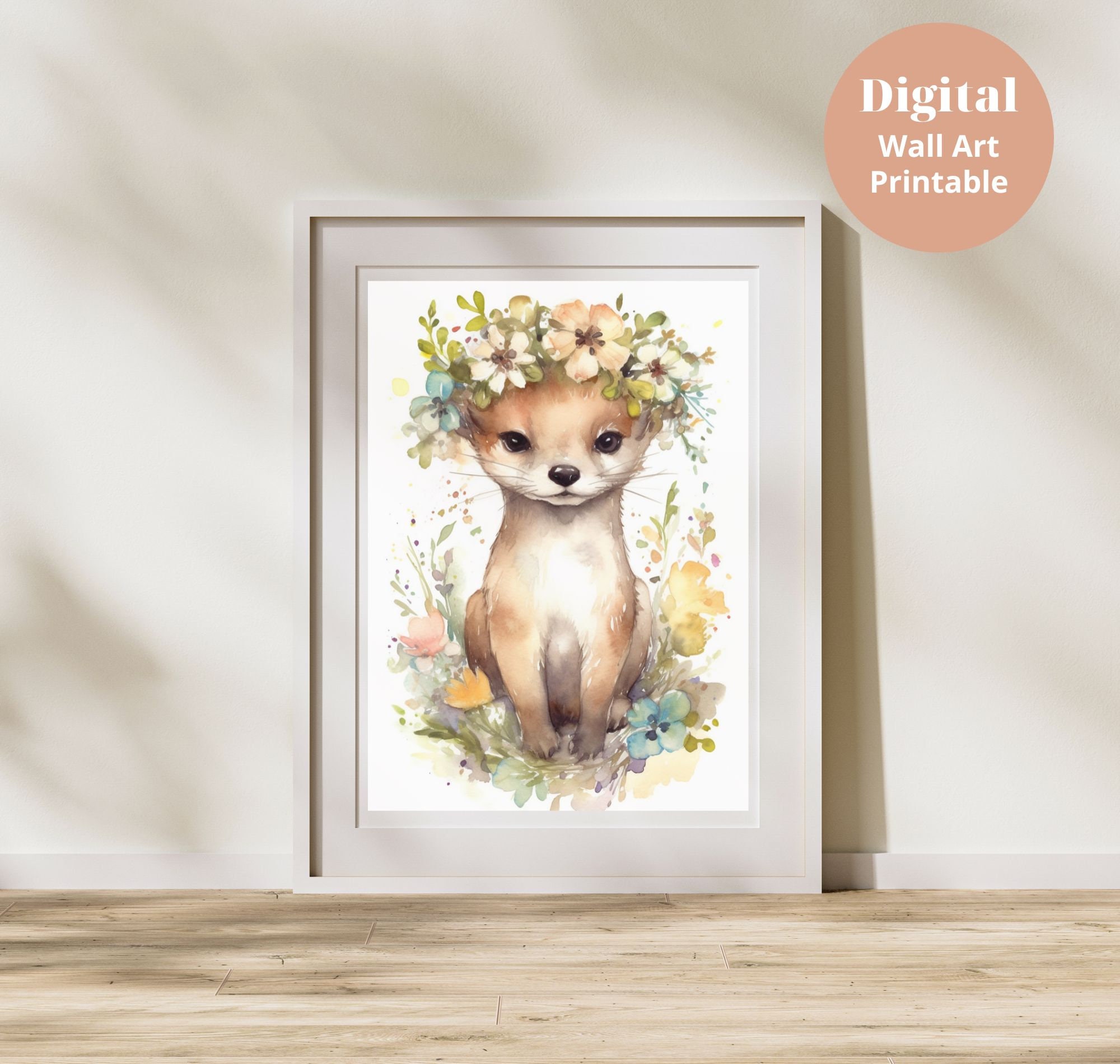 Printable Floral Woodland Stoat Art Nursery Decor ,boho Theme for Girls ...