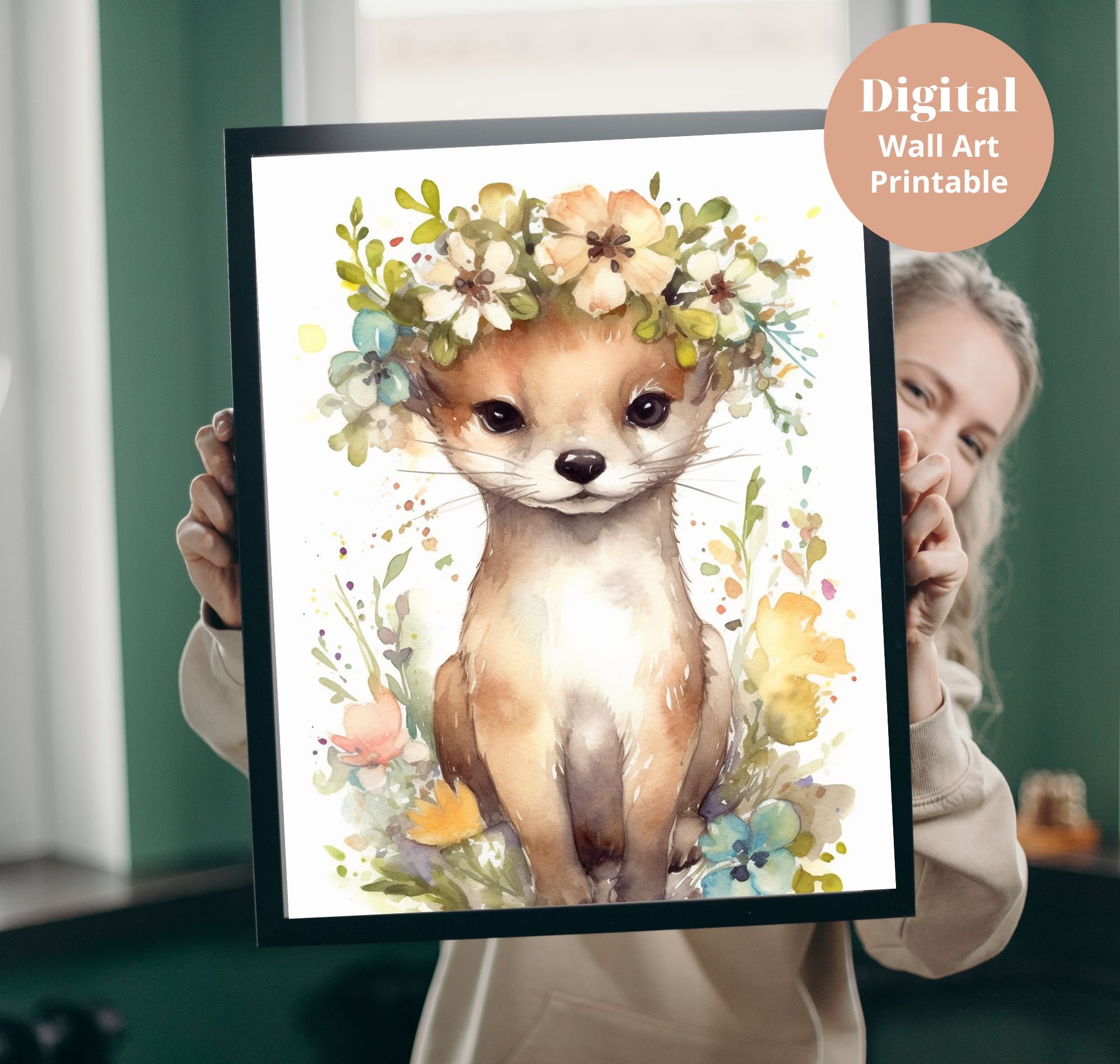 Printable Floral Woodland Stoat Art Nursery Decor ,boho Theme for Girls ...