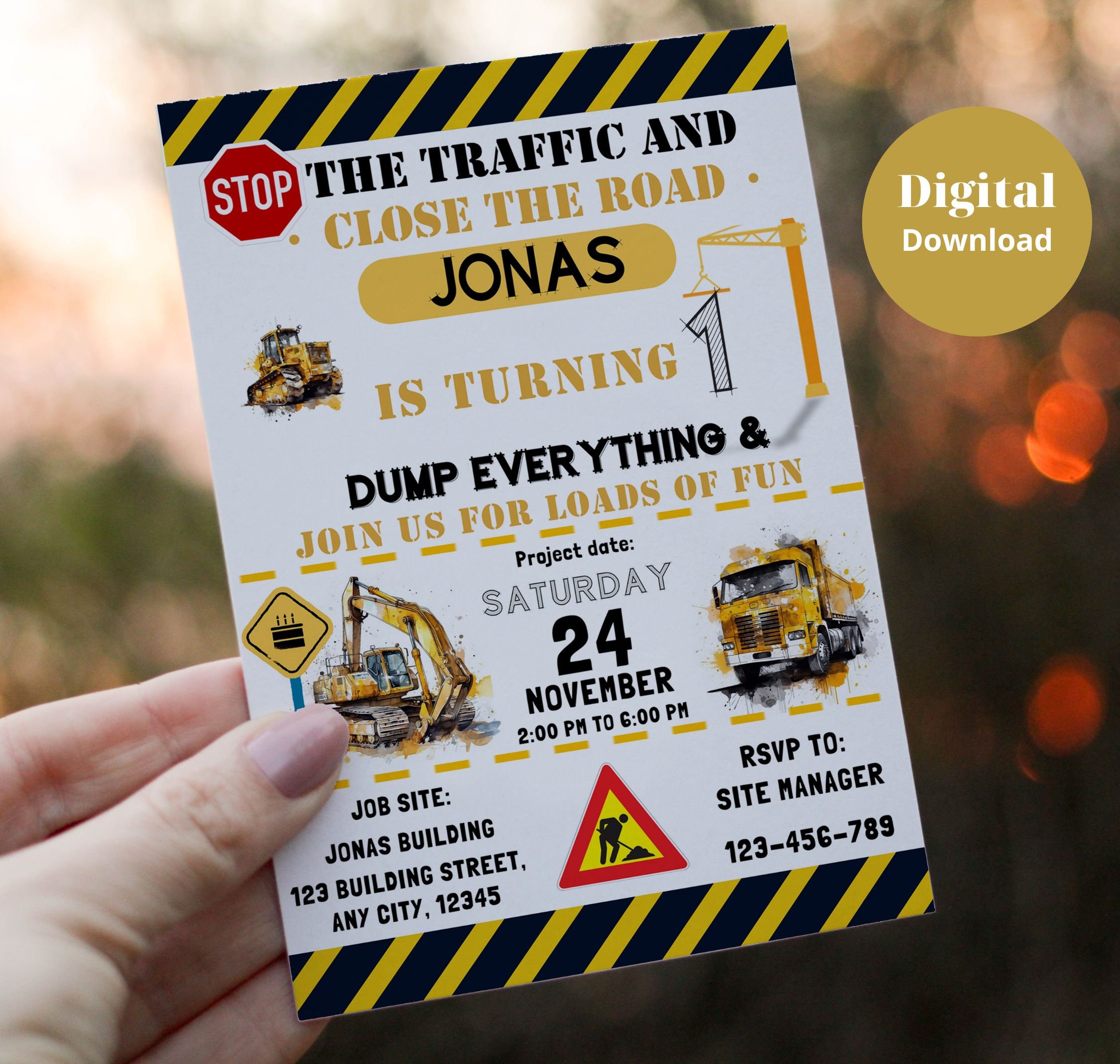 Construction Theme Birthday Party Invitation Custom Digital Print ...