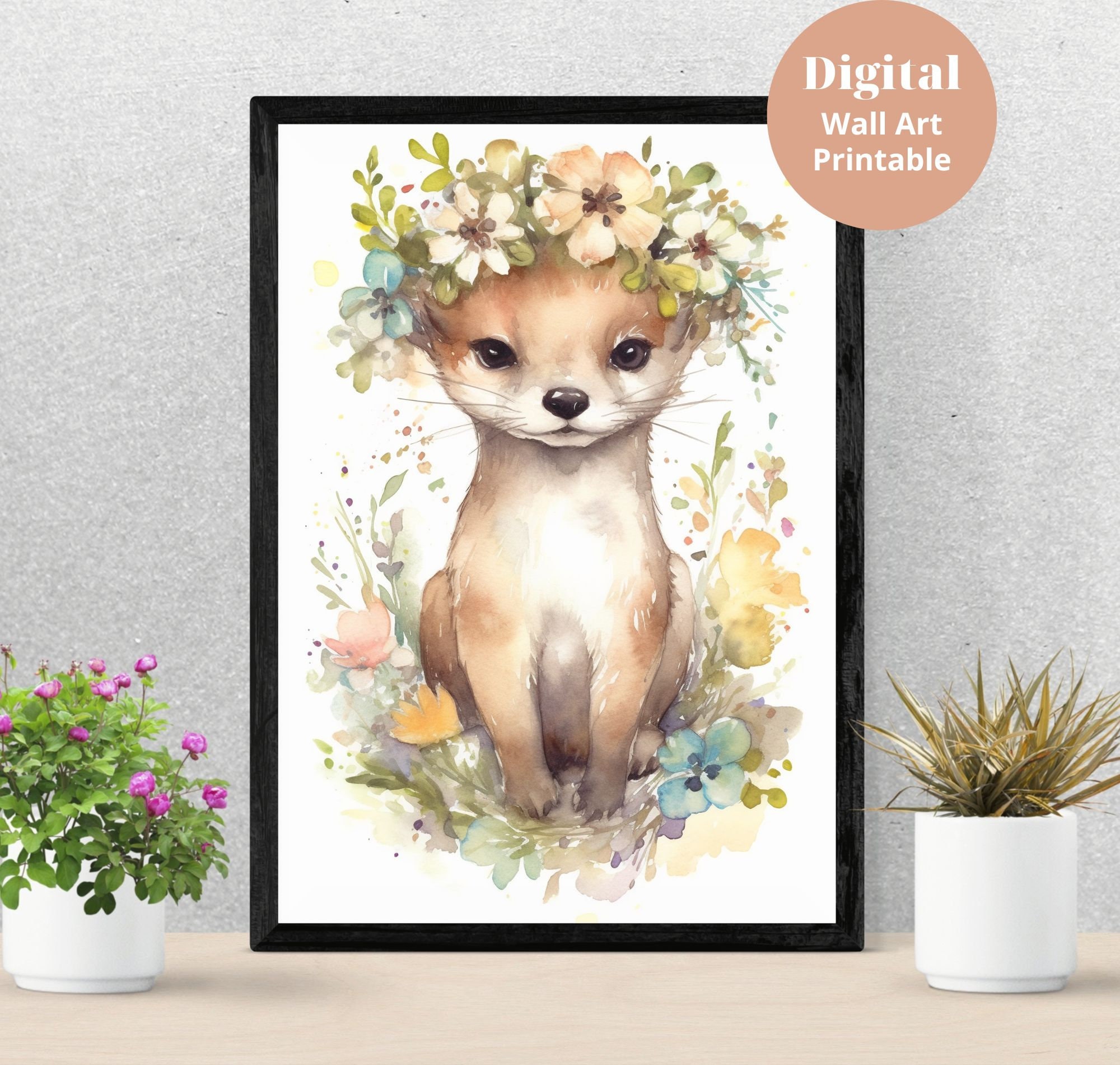 Printable Floral Woodland Stoat Art Nursery Decor ,boho Theme for Girls ...