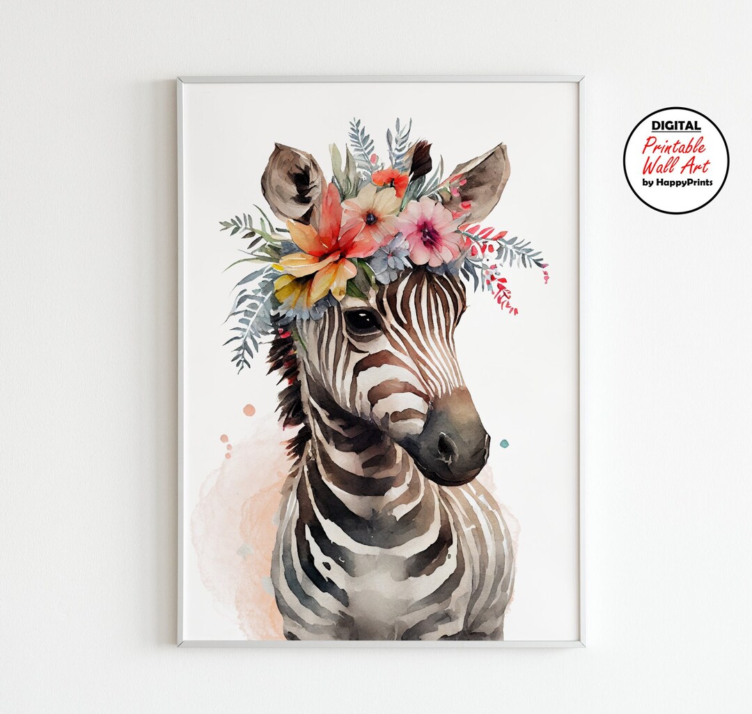 Boho Zebra Nursery Print: Watercolor Flower Crown (digital Download) - Etsy
