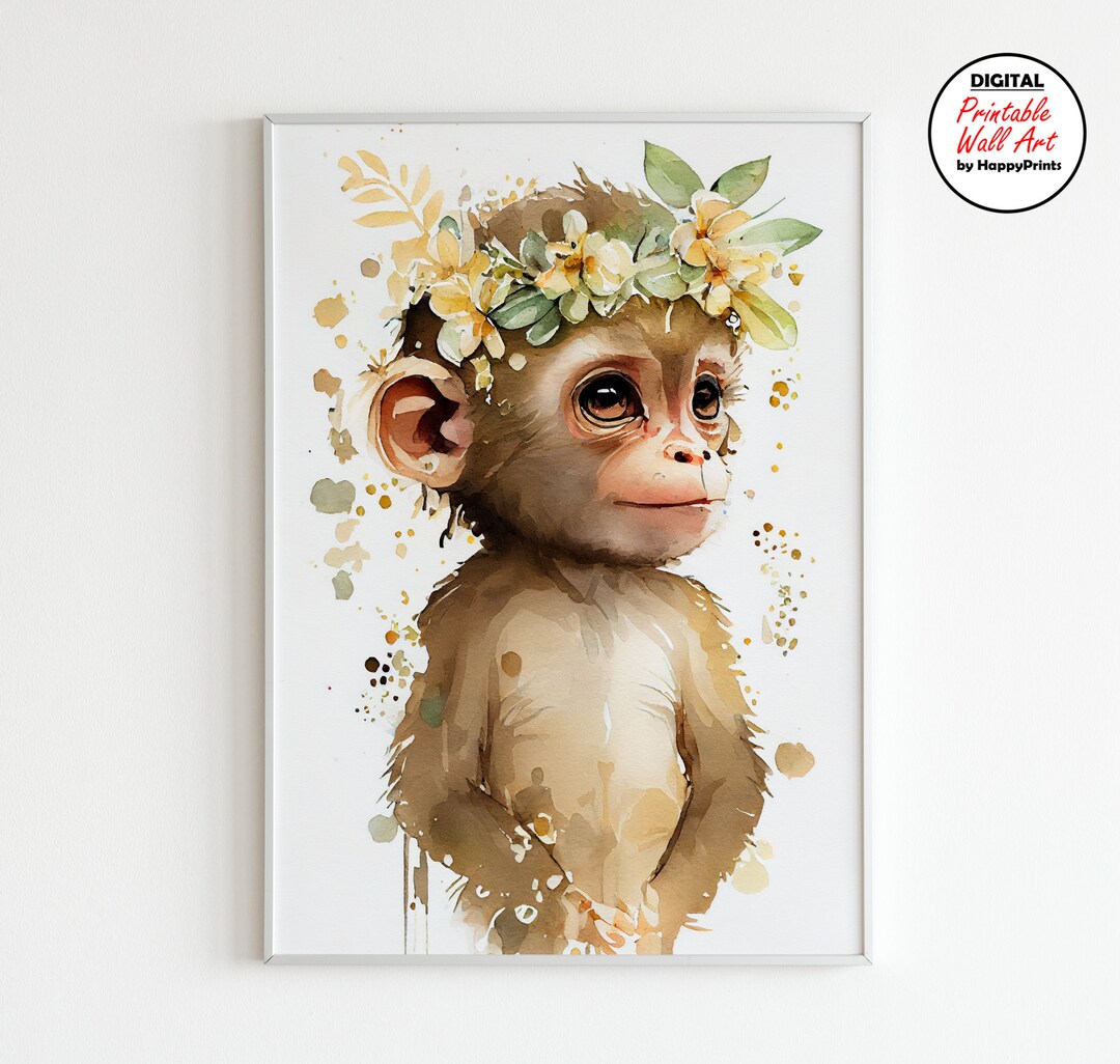 Watercolor Monkey Nursery Print: Boho Jungle Animal Art (digital ...
