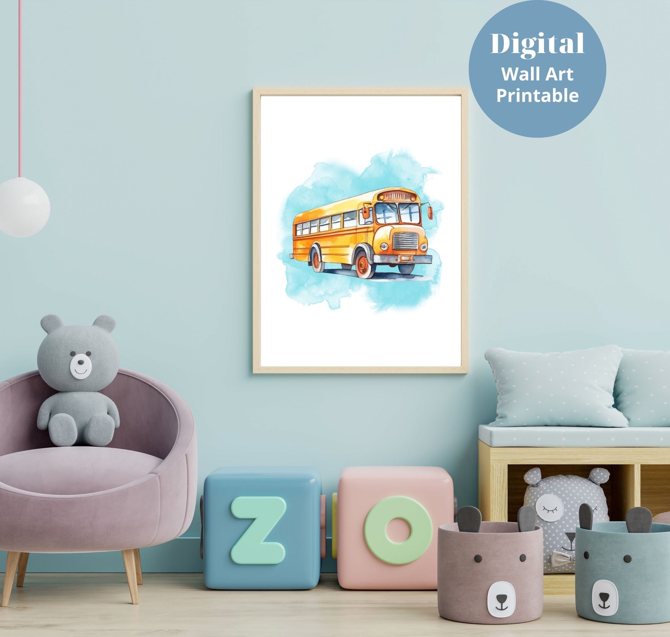 Yellow School Bus Printable: Watercolor Art Print for Transportation ...