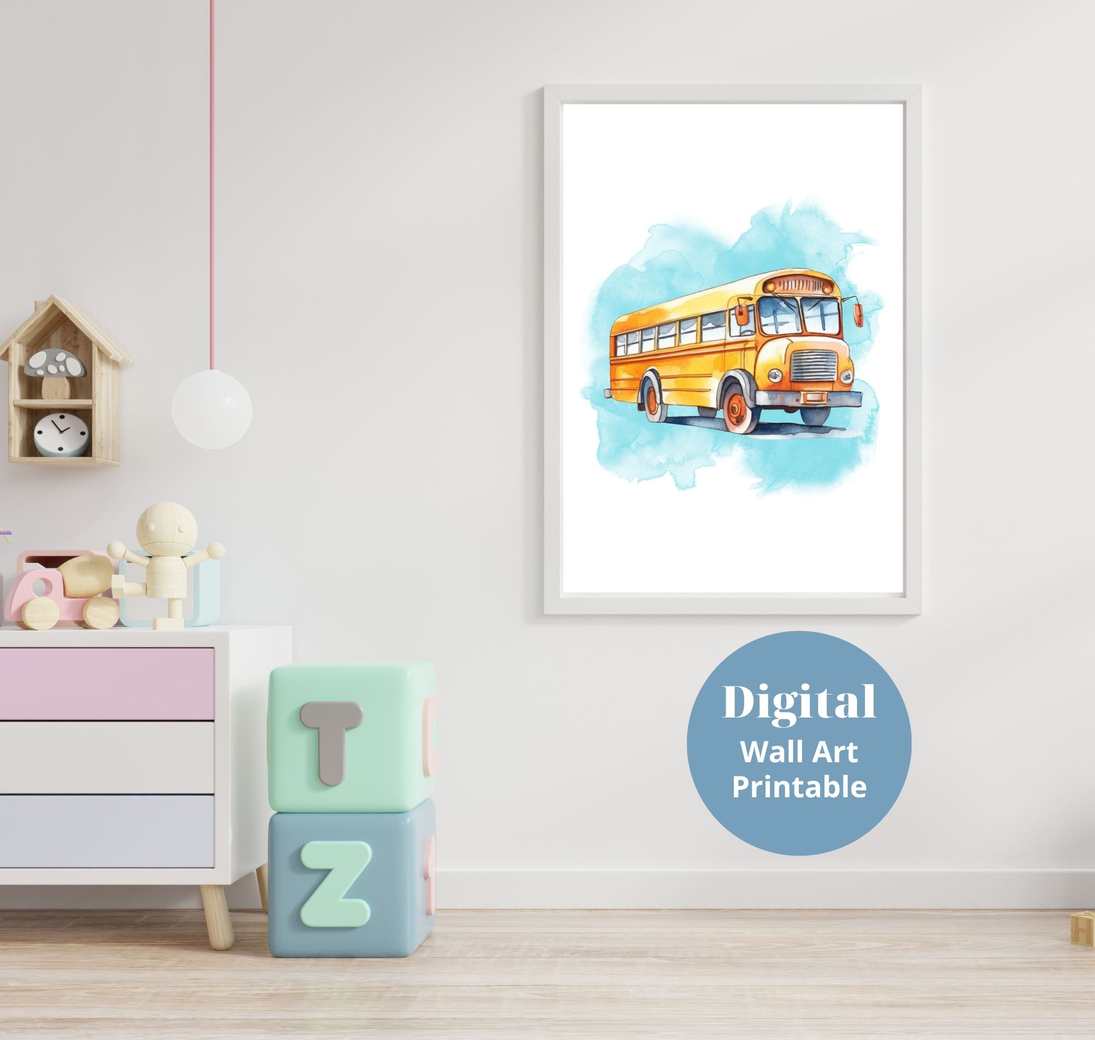 Yellow School Bus Printable: Watercolor Art Print for Transportation ...