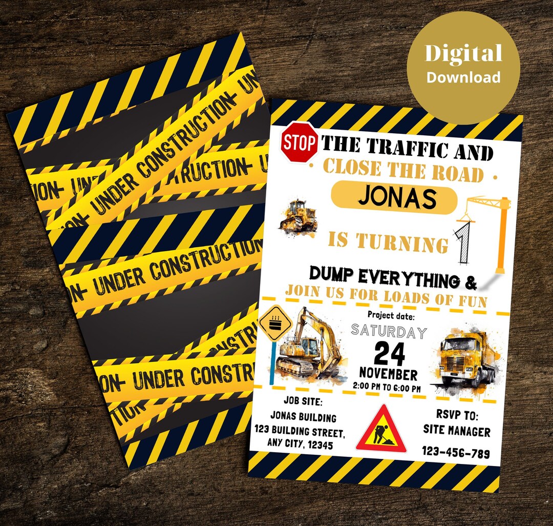 Construction Theme Birthday Party Invitation Custom Digital Print ...