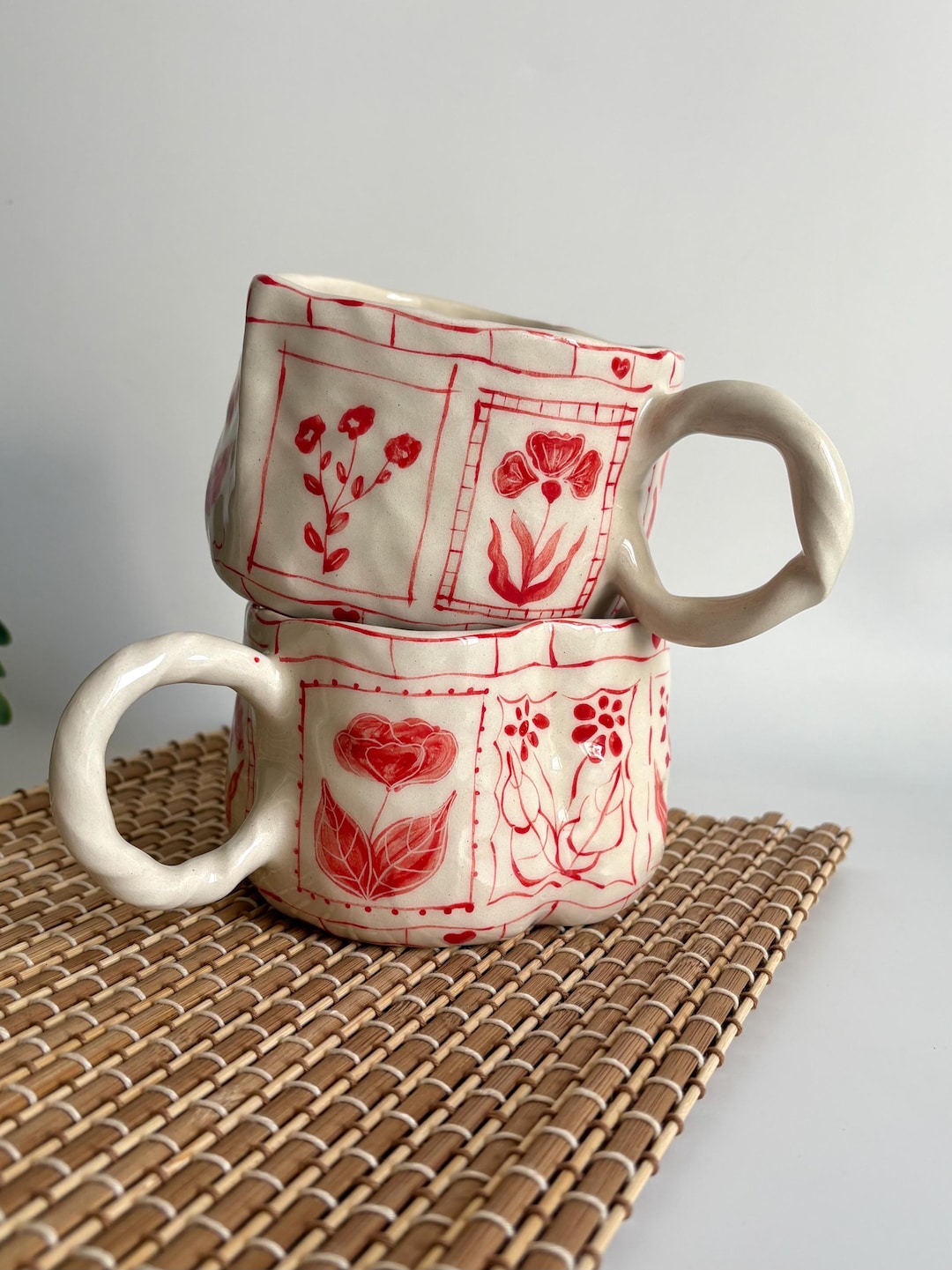Heart-shaped Red Floral Handmade Ceramic Cup - Perfect Gift for ...